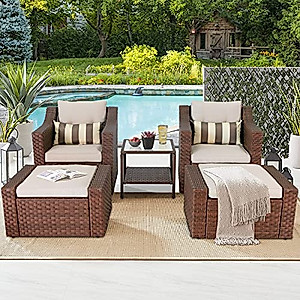 SOLAURA 5 Piece Patio Conversation Set Outdoor Furniture Set, Brown Wicker Lounge Chair with Ottoman Footrest, W/Coffee Table & Cushions (Beige) for Garden, Patio, Balcony, Deck