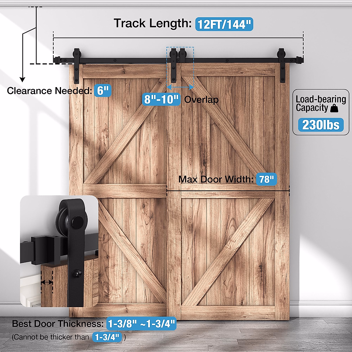 ZEKOO 12FT Single Track Bypass Sliding Barn Door Hardware Kit for Double Doors, Barn Door Bypass Hardware Kit, Flat Track Roller, Low Ceiling (J Shape Hanger)