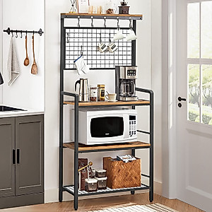BEEWOOT Bakers Rack, Coffee Bar, Microwave Oven Stand with Shelf, Utility Storage Shelf for Spices, Pots, and Pans, Workstation with 11 Hooks, Stable Metal Frame, Rustic Brown BR01BB007