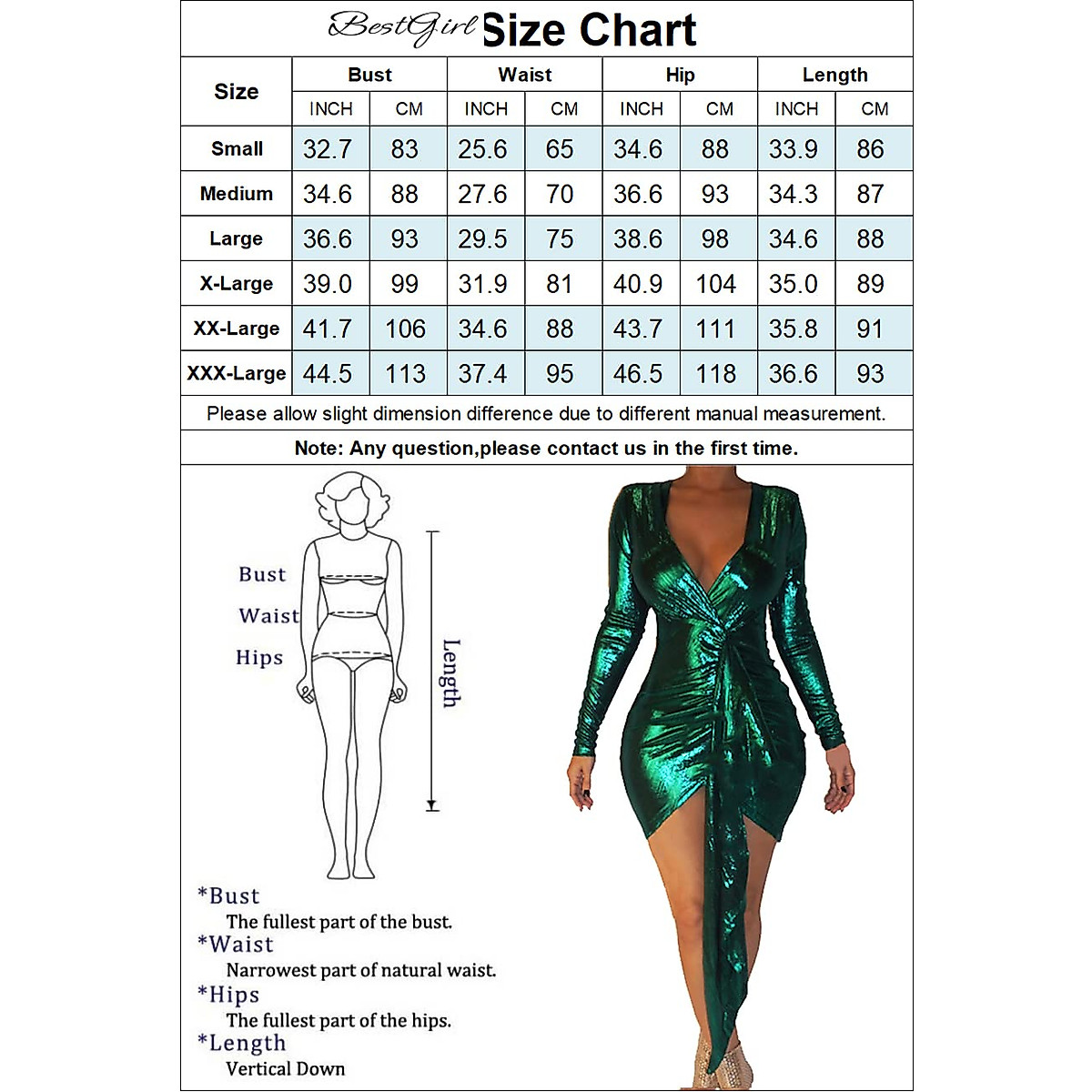 BestGirl Women's Sexy Dress Deep V Neck Long Sleeve Ruched Sparkly Bodycon Club Mini Dresses (3X-Large, Green)