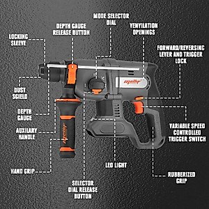 Mellif Brushless Rotary Hammer Drill Compatible with Dewalt 20v Max Battery, 1 1/8 in SDS Plus 1,400RPM, Heavy Duty Safety Clutch, 4 Modes for Concrete, Masonry, Wood, Metal (Tool Only)