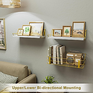 Love-KANKEI Floating Shelves for Wall, Bathroom Shelves Over Toilet with Towel Bar,Wall Shelves with Storage Wire Basket, Wood Shelves for Bedroom Kitchen Living Room Books, Set of 3, White &Gold