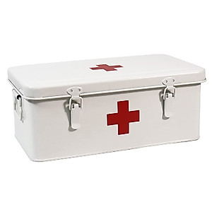 Xbopetda First Aid Medicine Box, First Aid Kit Supplies Bin, Metal Medicine Storage Tin, First Aid Empty Box with Safety Lock for Home Emergency Tool Set-White