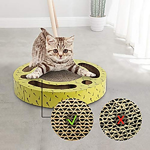 PAWISE Cat Scratcher Corrugated Cardboard Reversible Kitty Scratching Pad Lounge 3-in-1 Interactive Toy Busy Box Toy with Catnip (Round + Balls, 13 x 13inches)