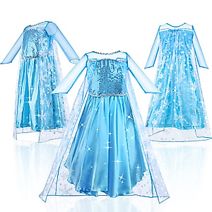 URAQT Princess Dress Costume for Girls Princess Dress Up Deluxe Girls Fancy Dress Snow Queen Birthday Party Cosplay Costume with Crown Wand Accessories
