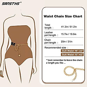 SANSTHS Women Chain Belt, Skinny Faux Leather Waist Belt with Gold Alloy O -Ring Pin Buckle for dress Summer S,Black