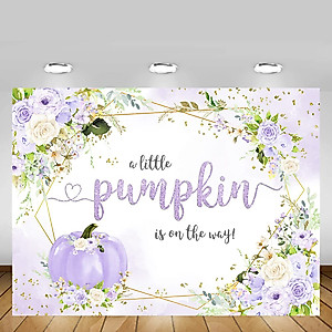 MEHOFOND 7x5ft Autumn Pumpkin Backdrop for Girl Baby Shower Purple Floral Baby Girl Party Decor A Little Pumpkin is On The Way Photography Background Gold Glitter Banner Photoshoot Props