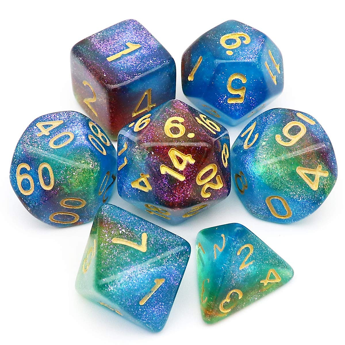 Haxtec Iridescent Glitter DND Dice Blue Green Purple Color Changing Polyhedral D&D Dice for RPGs-Mermaid