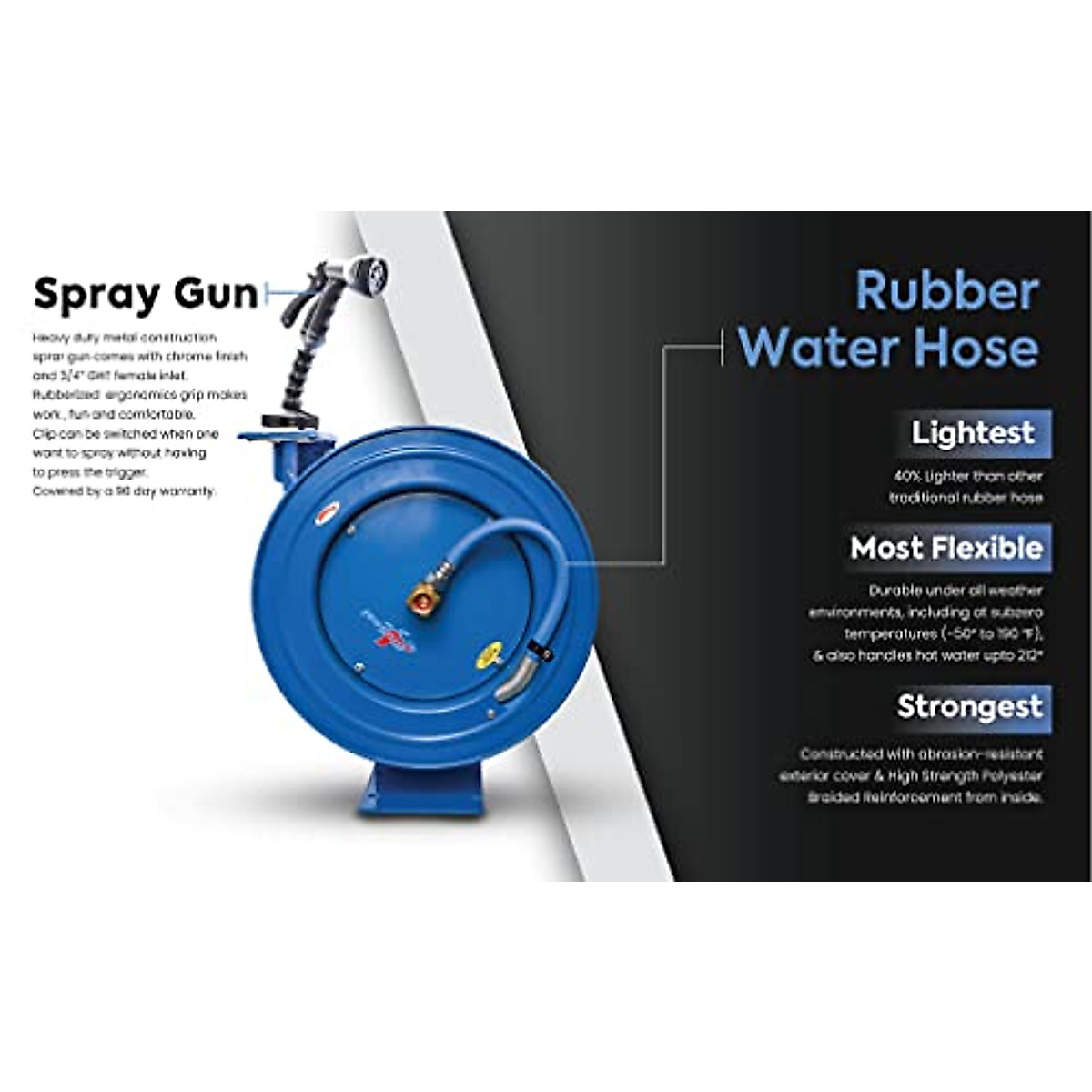 BLUSEAL BSWR5850 Retractable Hose Reel with 5/8" x 50' Hot Water Rubber Hose, 6' Lead-in, 500 PSI, Brass Fittings, Swivel Mount Hose Reel, 9 Pattern Spray Nozzle