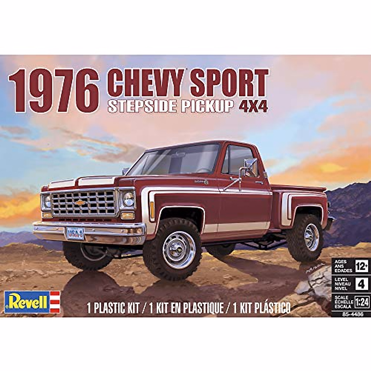 Revell 85-4486 1976 Chevy Sport Stepside Pickup 4X4 Model Truck Kit 1:24 Scale 102-Piece Skill Level 4 Plastic Model Building Kit, Red
