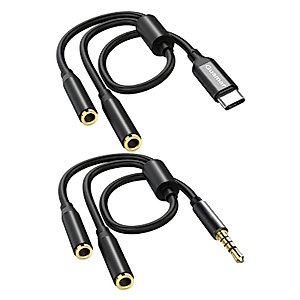 Guamar Audio Splitter for Headphones/Mic (2 Pack),USB C to 3.5mm Audio Jack Adapter,Headset 3.5mm Y Cable Dual Earphone Jack Aux Stereo Cord for 2 TRRS Microphones to PC,Phone,Tablet,Laptop