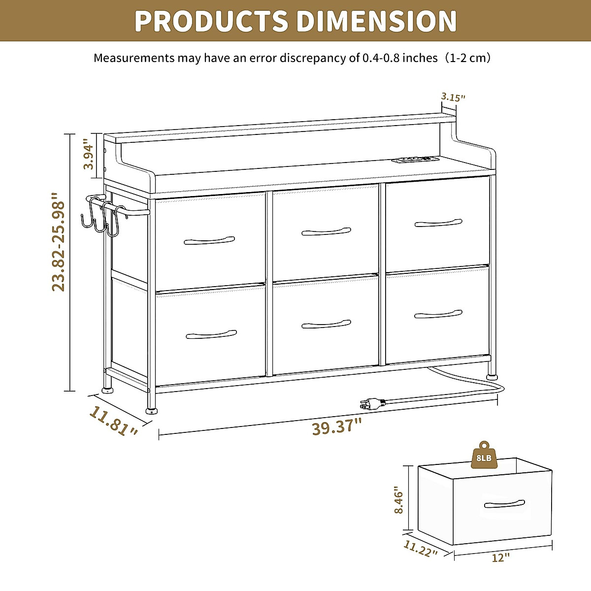 Leadpro Dresser for Bedroom with 6 Drawers, LED TV Stand Dresser with Charging Station, Chest of Fabric Drawers with Side Hooks, Dresser Storage Organizer for Closet Living Room Hallway (Rustic Brown)