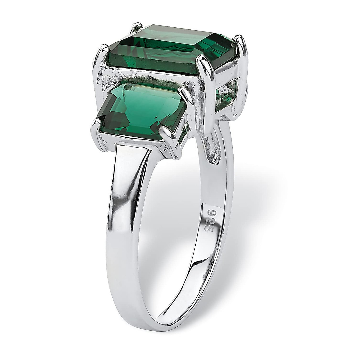 PalmBeach Sterling Silver Emerald Cut Simulated Green Emerald 3-Stone Ring Sizes 5-10 Size 7