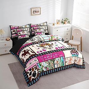 Feelyou Western Cowgirl Kids Comforter Set 7 Pieces, Cow Skull Print Bedding Twin with 1 Comforter,1 Fitted Sheet,1 Flat Sheet,2 Pillowcases,2 Throw Pillow Cover, Boho Cow Fur Bed Set for Boys Girl