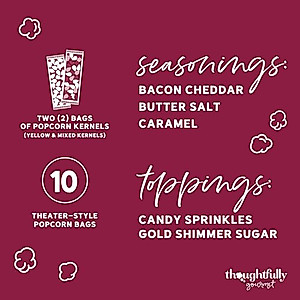 Thoughtfully Gourmet, Movie Night Popcorn Set, Includes Yellow and Mixed Popcorn Kernels, 10 Paper Popcorn Bags, 5 Popcorn Seasonings & Toppings