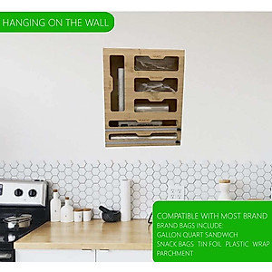 BATHA 6 in 1 Bamboo Ziplock Bag Storage Organizer with Foil and Plastic Wrap Dispenser with Cutter, Bamboo, Bag Organizer, 12" Roll Plastic Wrap, Foil…