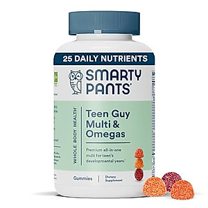 SmartyPants Teen Guy Multivitamin Gummies: Omega 3 Fish Oil (EPA/DHA), Vitamin D3, C, Vitamin B12, B6, Vitamin A, K & Zinc, Gluten Free, Three Fruit Flavors, 120 Count (30 Day Supply)