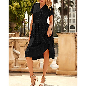 BTFBM Women's Summer Elegant Short Sleeve V Neck Swiss Dot Midi Dresses Cute Boho High Waist Long Dresses A-Line Ruffle Dress（Solid Black,X-Large
