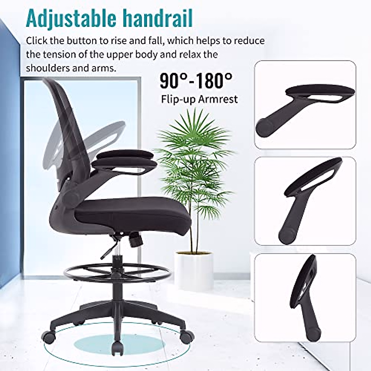 BestOffice Drafting Chair Tall Office Chair with Adjustable Foot Ring and Flip-Up Arms Computer Standing Desk Chair Executive Rolling Swivel Chair for Office & Home (Black)