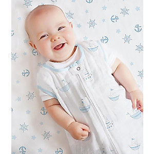 SwaddleDesigns Softest Cotton Muslin Fitted Crib Sheet/Toddler Sheet for Baby Boy & Girl, Pastel Blue Little Ships