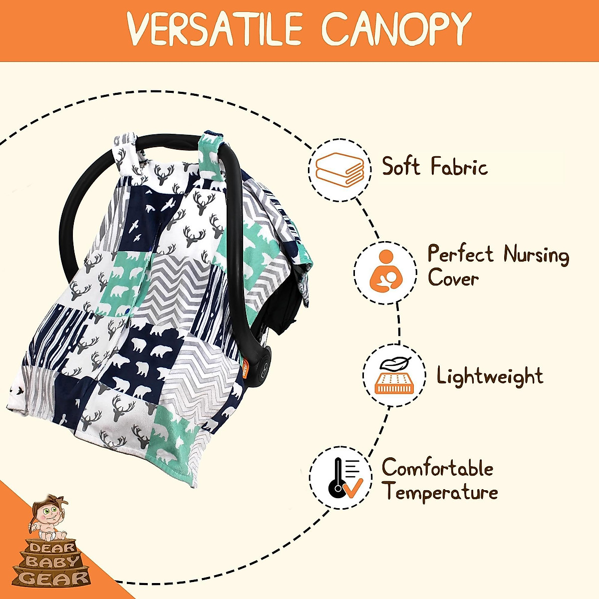 Dear Baby Gear Car Seat Blanket - Infant Carseat Canopy & Winter Covers - Cozy Baby Car Seat Cover for Girls & Boys - Doubles as Stroller Cover - Woodland Bear Quilt Feathers Navy Mint - 40" x 30"