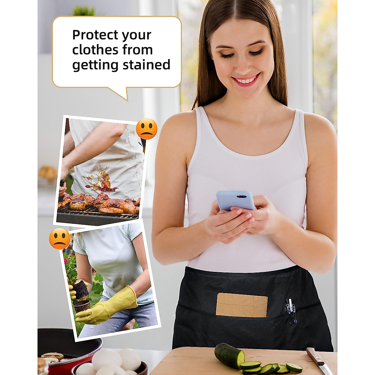 Xeoxarel Server Aprons with 4 Pockets, Unisex Waitress Waiter Waist Apron for Women and Man Half Black 11.5''