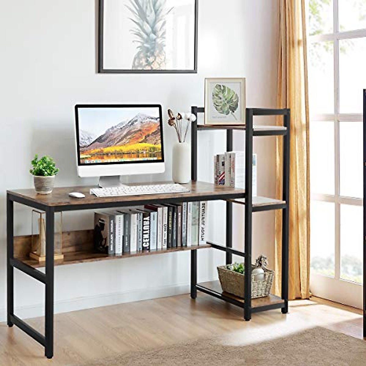 Tangkula 59-Inch Computer Desk with Bookshelf, Home Office Desk with Storage Bookshelf, Metal Frame & Adjustable Foot Pads, Space Saving Computer Workstation Study Writing Desk