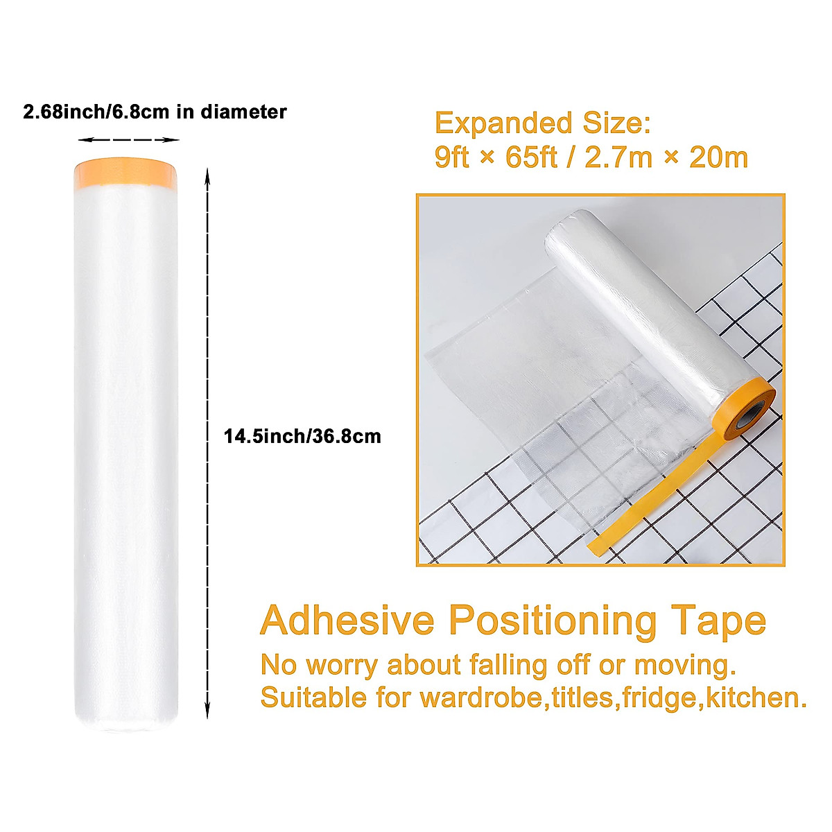 Muf 9 x 65 Feet Plastic Drop Cloth Plastic Sheeting with Masking Tape,Waterproof Protective Masking Film,Prevent Dust Paint for Car,Furniture,Carpet,Floor,1 Pack