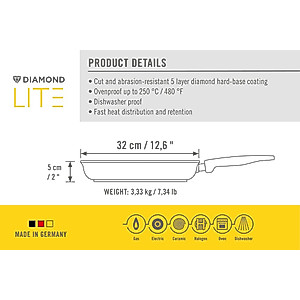 Woll Diamond Lite Diamond Reinforced Non-stick, Anti-Corrosion, Cut-Resistant, Light Weight Fry Pan with Clear Lid, 12.5-Inch, Made in Germany