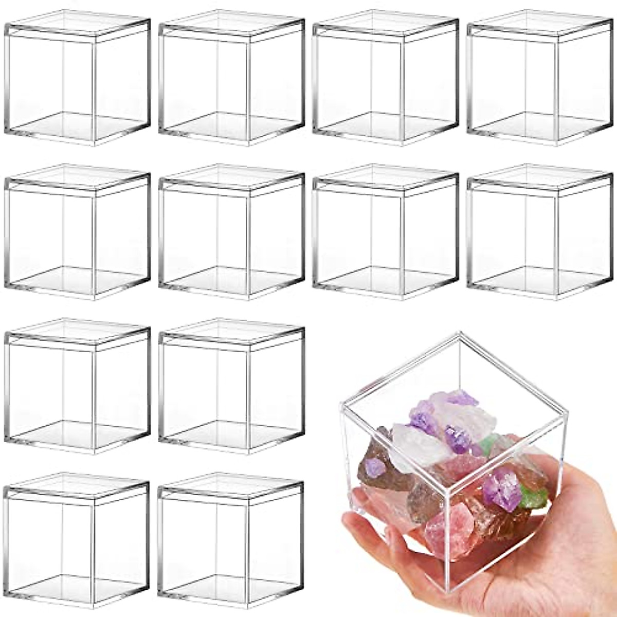Juexica 12 Pieces Clear Acrylic Plastic Square Cube Small Acrylic Box with Lid Decorative Storage Boxes Jewelry Display Box Mini Clear Container for Home Candy Pill and Tiny Jewelry (4 x 4 x 4 Inch)