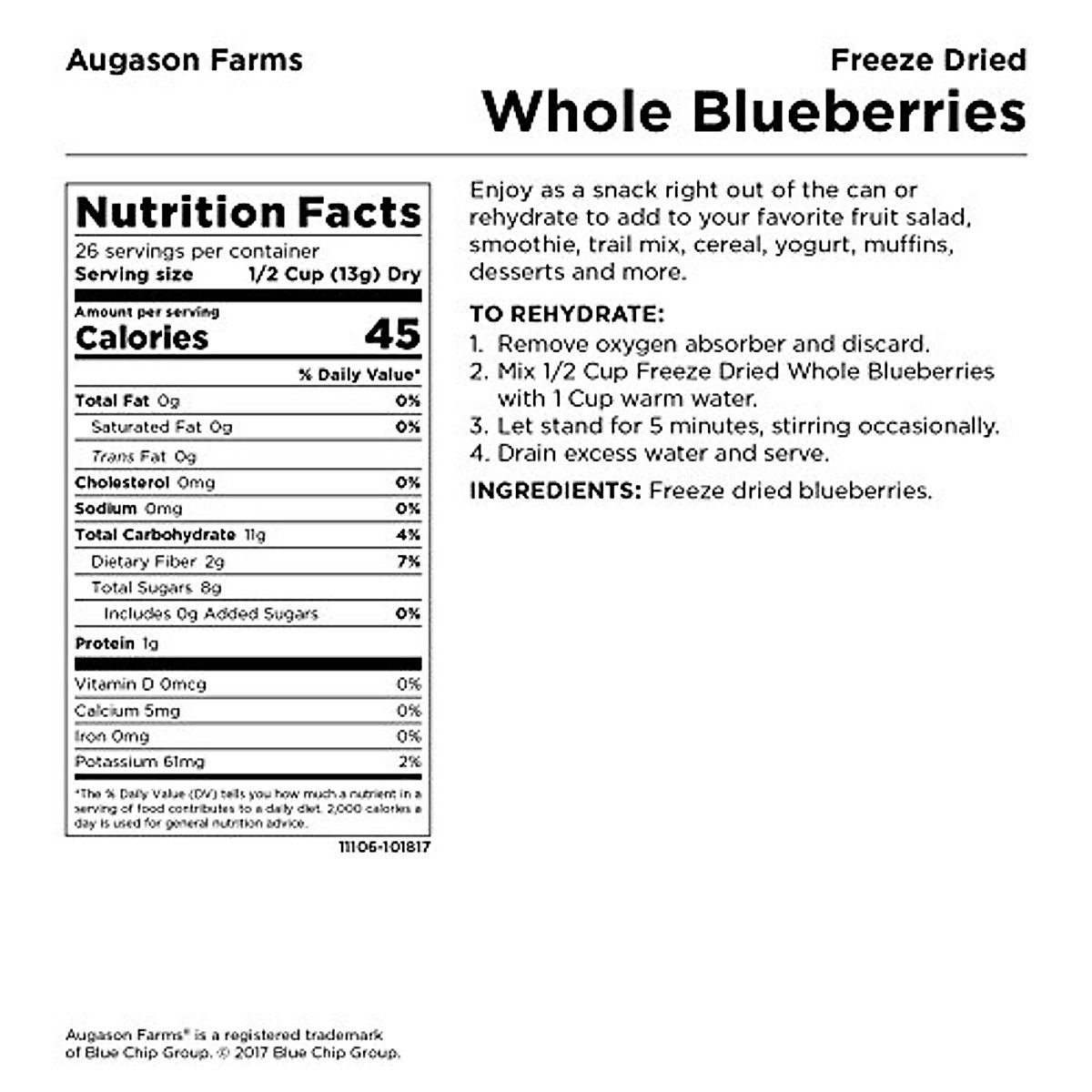 Augason Farms Freeze Dried Whole Blueberries 12 oz No. 10 Can