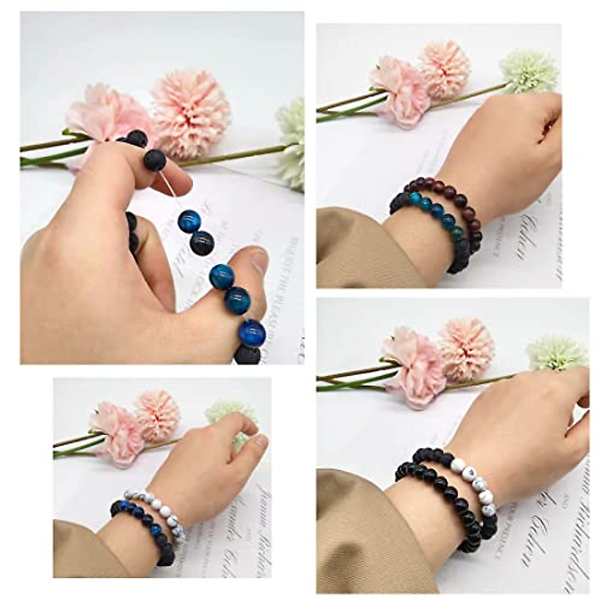 WAINIS 10 Pcs 8mm Gemstones Beaded Bracelets for Men Women Lava Stone Essential Oil Diffuser Healing Stretch Round Bead Crystal semi-precious Bracelets Unisex