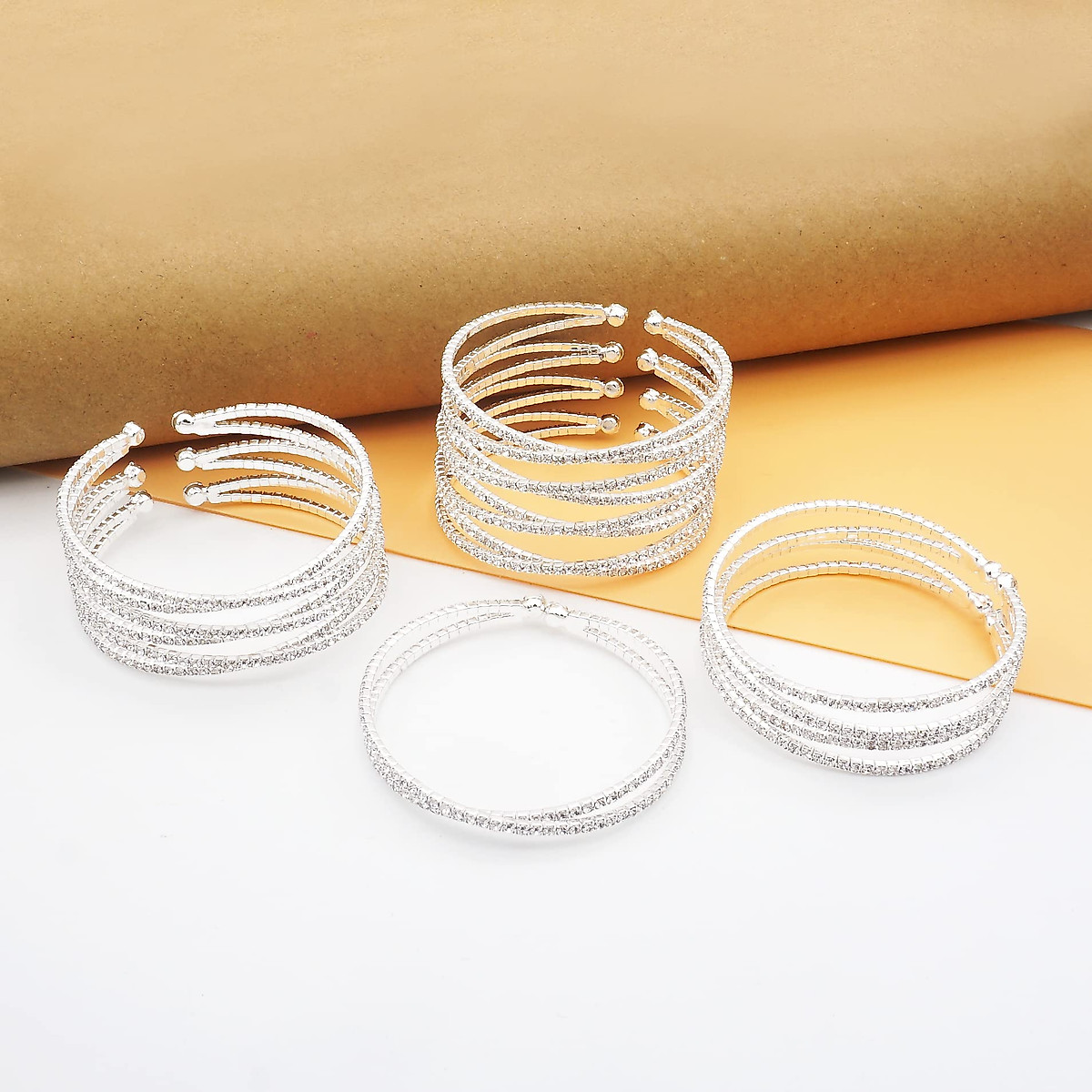 JSEA 4-Womens Rhinestones Cross Cuff Bracelet Open End Wide Bangle Silver tone