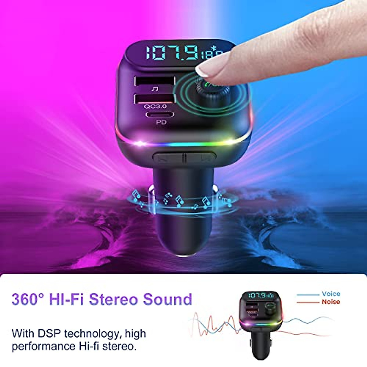 VR robot Upgraded Bluetooth FM Transmitter for Car, Wireless Bluetooth 5.0 FM Car Adapter with Dual USB Ports,Support 20W PD+QC3.0 Fast Charger, Stronger Microphone,7 Colors LED Backlit