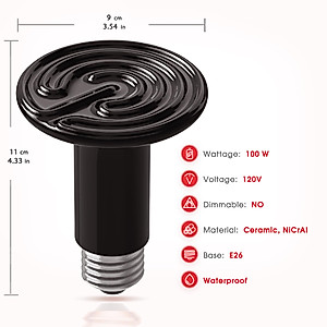 Ceramic Heat Emitter for Reptiles, 100W Heat Lamp Bulb, Ceramic Reptile Heat Bulb Black, No Light Emitting Heat Lamp for Amphibian Pet, Heat Bulb for Bearded Dragon Turtle Snake Lizard, 2 Pack