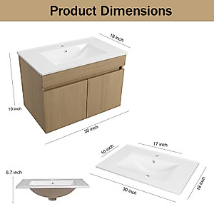 SSLine Modern 30" Floating Bathroom Vanity with Sink Wall Mounted Bathroom Vanity with Top Basin & Storage Cabinet Wood Hanging Vanity w/Ceramic Sink for Small Bath Powder Room (Light Oak)