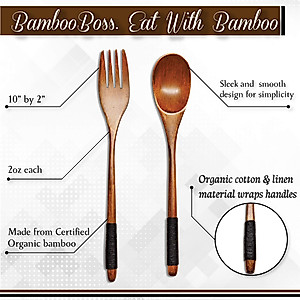 Premium Wooden Bamboo Spoon and Fork Set - w/Cotton Pouch - Bpa Free - Food safe 100% - Made from Organic Bamboo - Reusable - Serving utensils - Salad - Medium Size - 9.5 inches