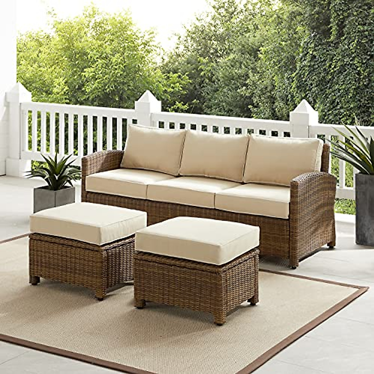 Crosley Furniture Bradenton 3-Piece Outdoor Sofa Patio Furniture Set, Wicker Conversation Sets for Porch, Brown with Sand Cushions