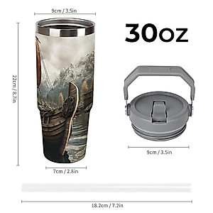 Old Viking Boat 30oz Stainless Steel Insulated Tumbler with Straw & Foldable Handle - Leakproof, Double-Wall Vacuum Travel Thermos for Hot/Cold Drinks, Non-Slip Base, Fit Cup Holders
