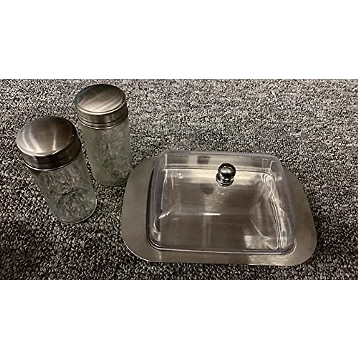 ALL GREEN Butter Dish with Lid and Knife Stainless Steel Metal Saucer with Unbreakable Clear Plastic Lid Covered Butter Dish Deluxe Butter Keeper Container & Spreading Knife(Clear+Salt+Pepper)