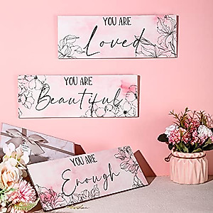 3 Pieces Floral Wooden Hanging Wall Art Positive Quotes You Are Loved You Are Beautiful You Are Enough Inspirational Word Sign Decors for Teen Girls Women Room (Pink. 4 x 11 Inch)