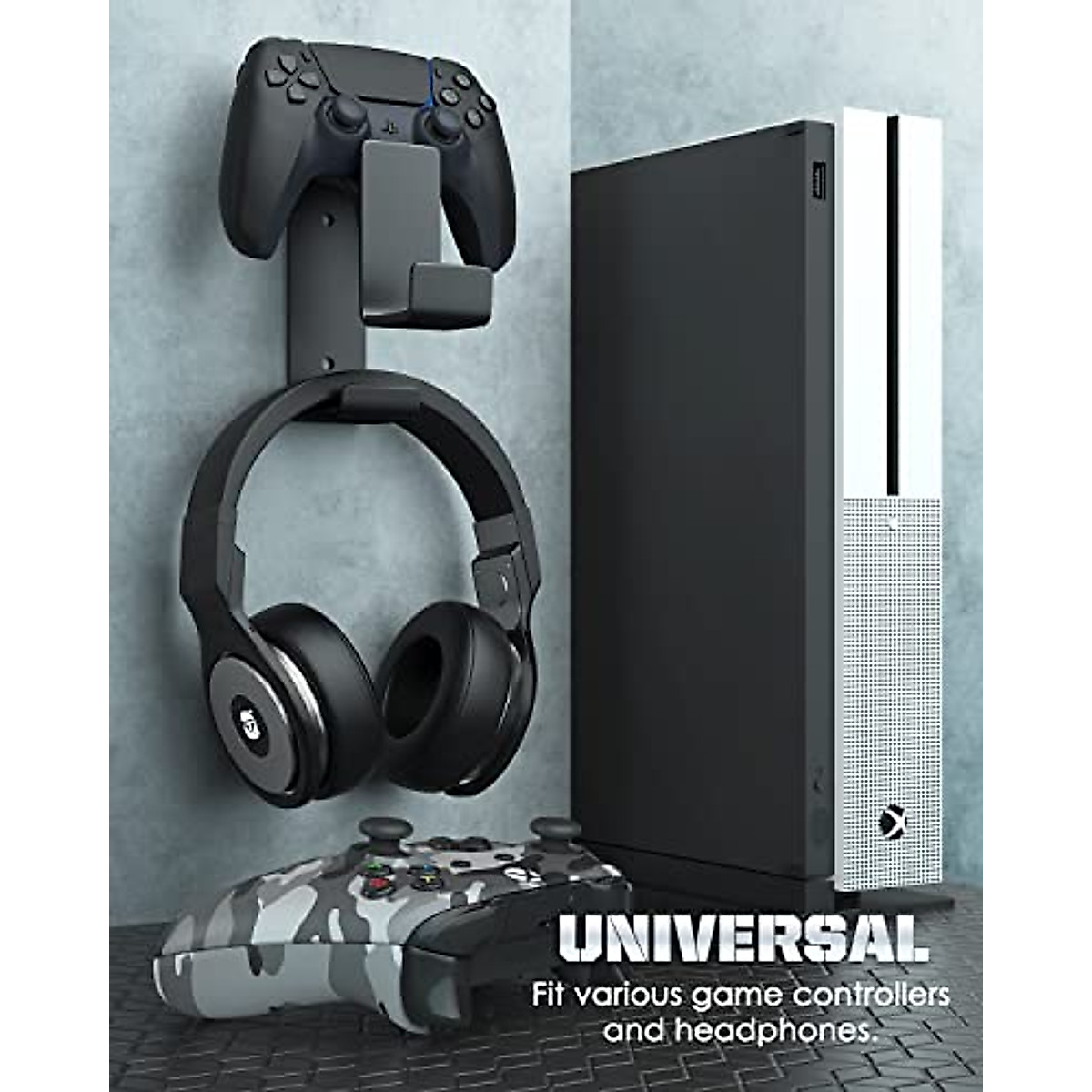 MoKo Controller Holder, Dual Gamepad Controller & Headphone Hanger for Xbox One, Xbox 360, PS3, PS4, PS5, PC, STEAM, Switch丨Wall Mount Stand for All Universal Headsets, Black