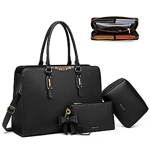 eyli Laptop Tote Bag for Women Large Waterproof PU Leather Business Office Work Briefcase Fit 15.6 inch Lightweight Trendy Computer Bags Messenger Shoulder Bag Laptop Purse 4pcs Sets Black