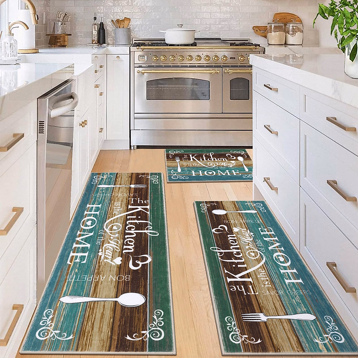 Vaukki Boho Kitchen Rug Sets 3 Pieces, Washable Kitchen Mats for Floor, Non Slip Soft Kitchen Area Rug Floor Mat for Kitchen, Laundry Room and Hallway (Teal, 20''x32''+20''x47''+20''x59'')