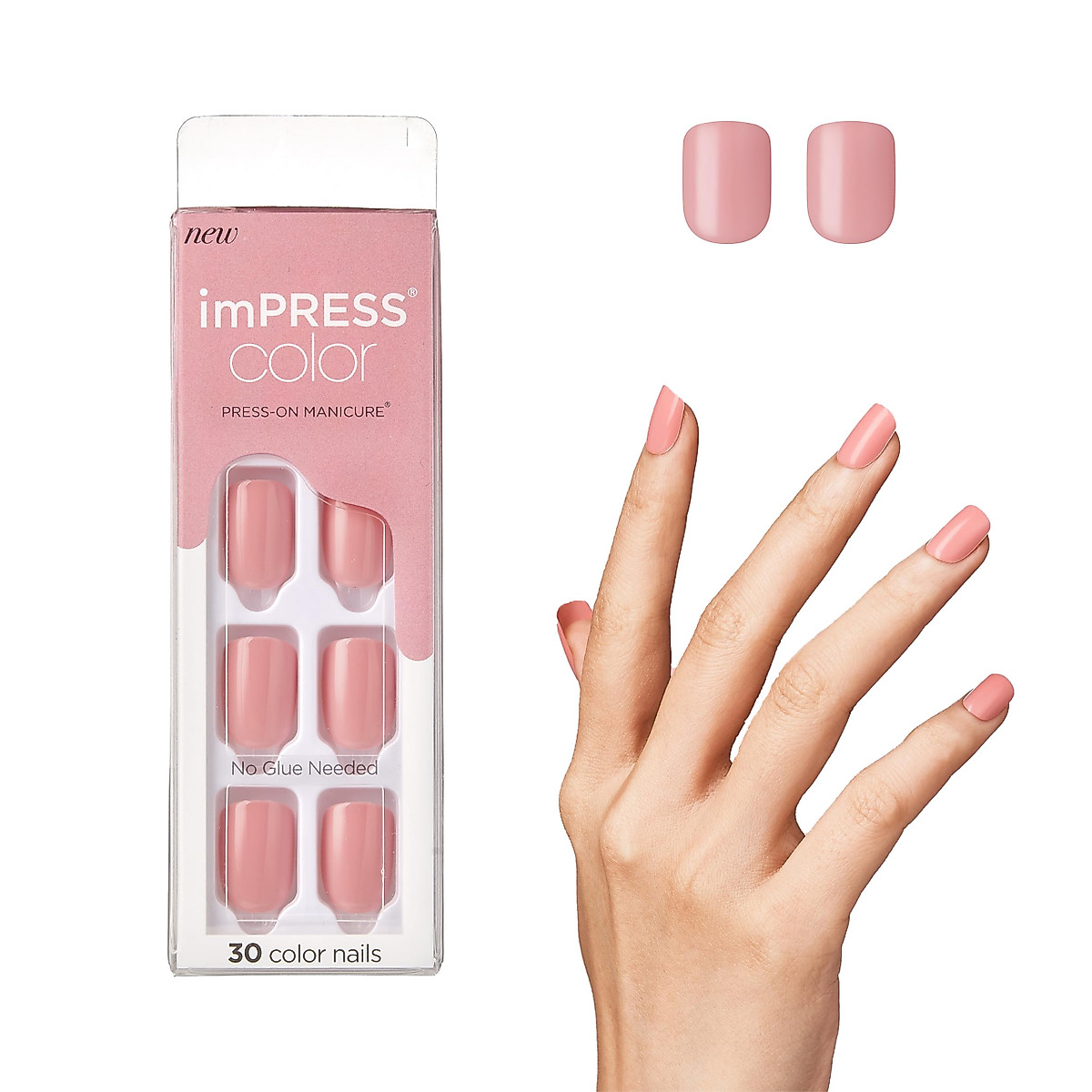 KISS imPRESS No Glue Mani Press On Nails, Color, 'Pretty Pink', Pink, Short Size, Squoval Shape, Includes 30 Nails, Prep Pad, Instructions Sheet, 1 Manicure Stick, 1 Mini File