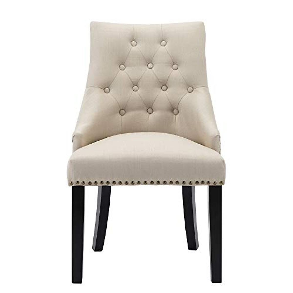 LSSBOUGHT Set of 2 Fabric Dining Chairs Leisure Padded Chairs with Black Solid Wooden Legs,Nailed Trim,Beige