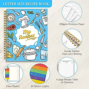 LuBudingJoy Blank Recipe Notebook to Write in Your Own Recipes, Full Page Sprial Hardcover Personal Recipe Organise, Recipe Journal Hold 140 Recipes (Cerulean)