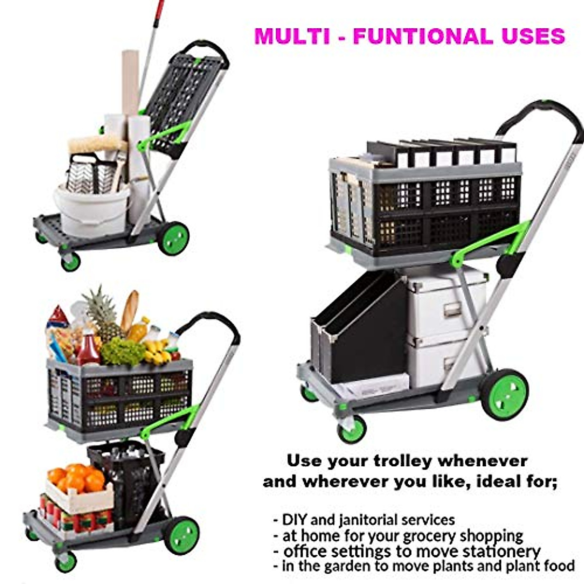 CLAX® Multi use Functional Collapsible carts | Mobile Folding Trolley | Shopping cart with Storage Crate | Platform Truck (Green)