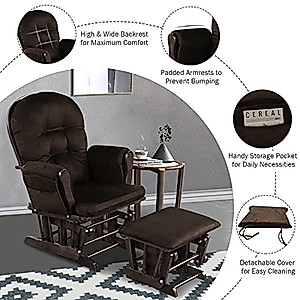 Costzon Glider and Ottoman Set, Wood Glider Rocker for Nursery, Upholstered Comfort Nursing Rocking Chair with Storage Pocket, Padded Armrests & Detachable Cushion, Easy to Assemble (Brown)