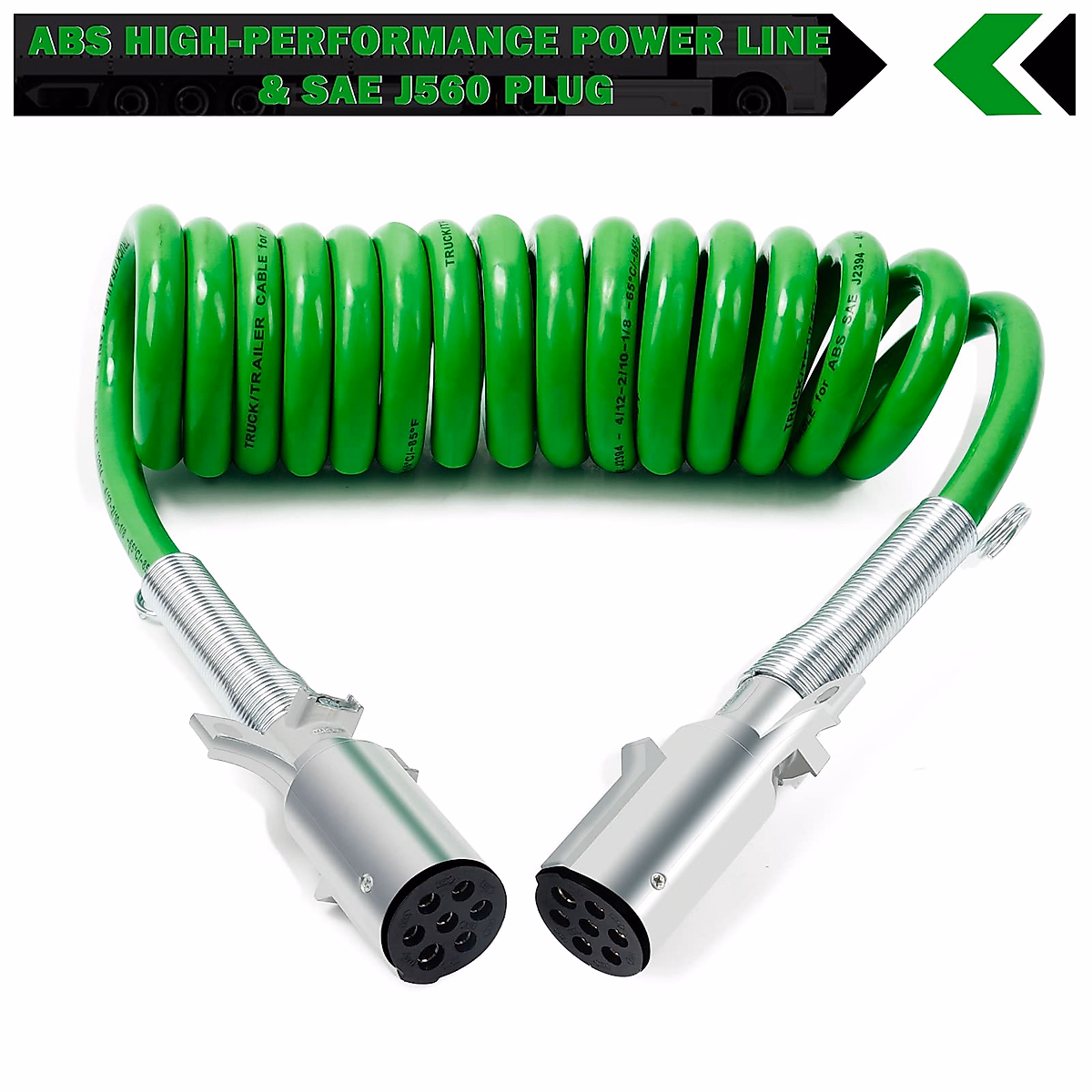 Cheemuii 7 Way Coiled Trailer Cord 15 FT Green ABS Electrical Power Coil Heavy Duty Cable Power Wire for Semi Trucks Tractors